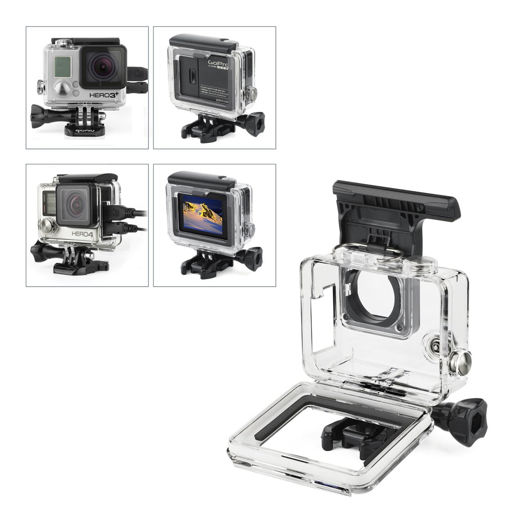 Side Open Protective Skeleton Housing Case with LCD Touch Backdoor and BacPac Backdoor for Extended LCD Screen or Expansion Battery - Compatible with GoPro Hero 4, 3, and 3+ - Transparent Clear