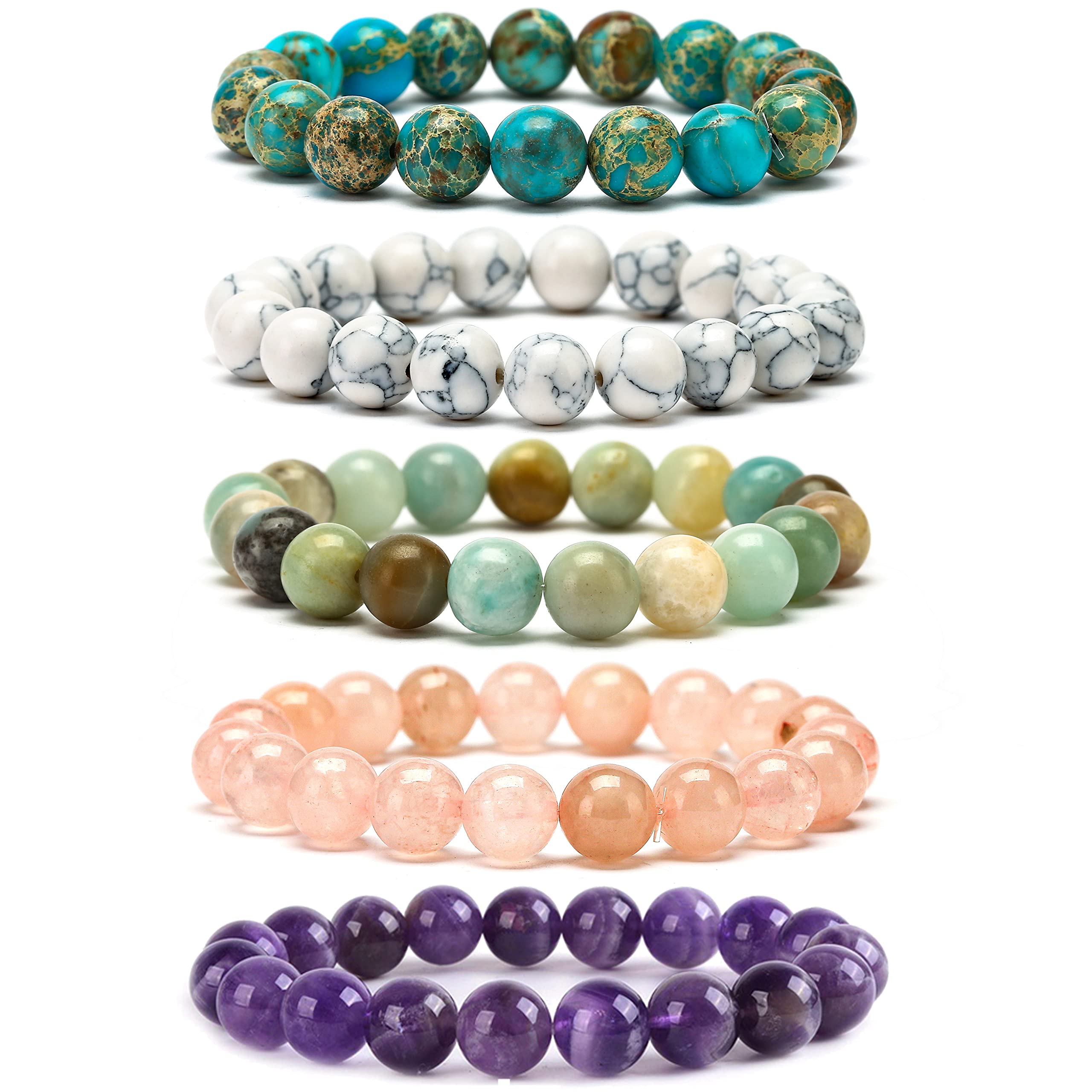 WAINIS 5 Pcs 10mm Semi-Precious Gemstones Beaded Bracelets for Men Women Crystal Stretch Beaded Bracelet Unisex
