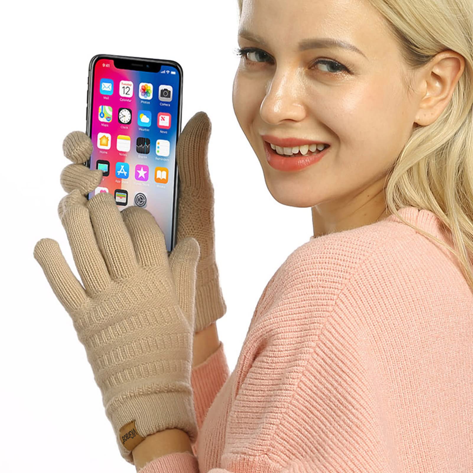 ViGrace Womens Winter Touchscreen Gloves Cable Knit Warm Lined 3 Fingers Dual-layer Touch Screen Texting Thermal Glove for Women