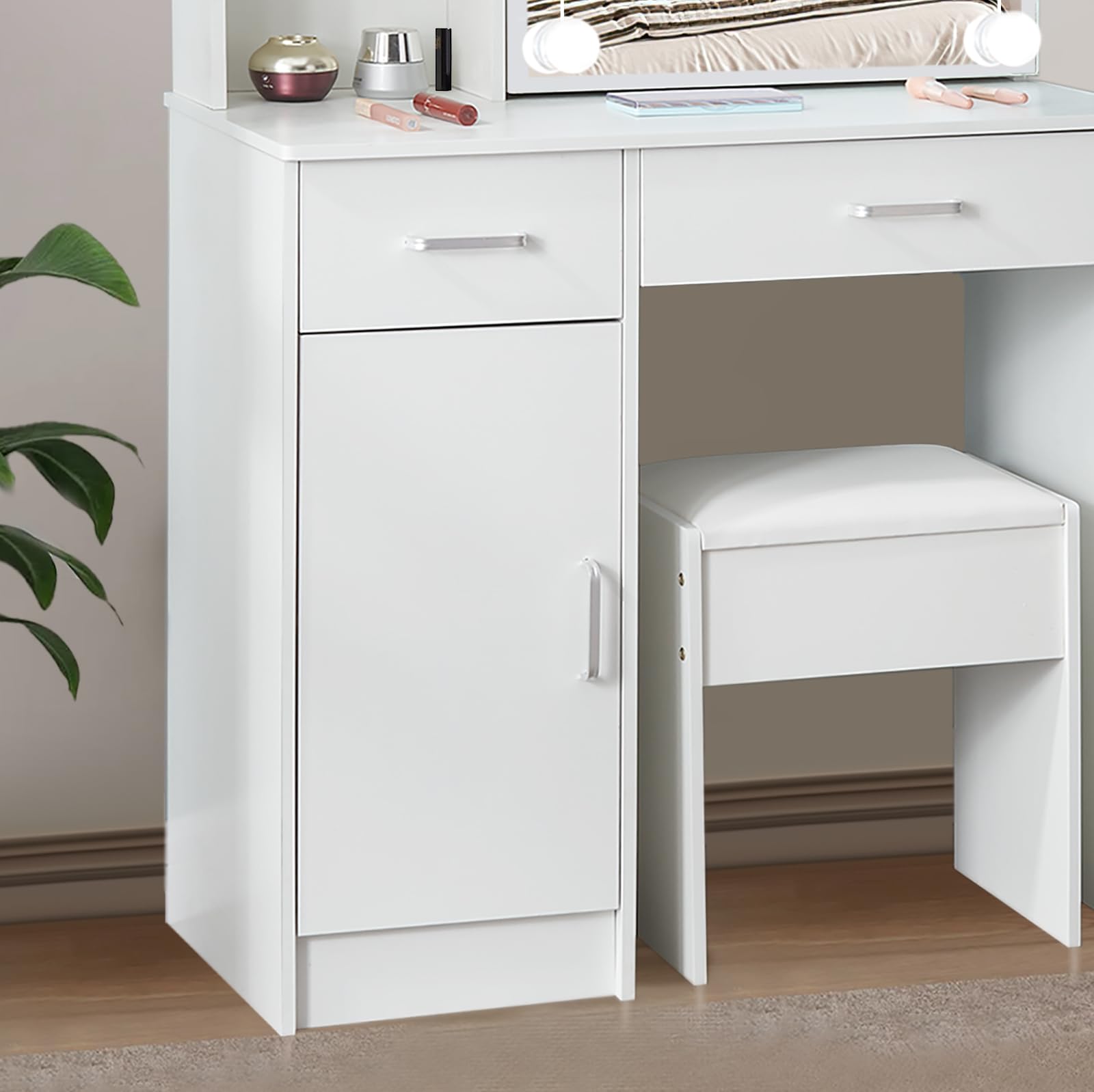 Vanity Desk, 35" W Makeup Vanity with Light & Mirror - 3 Lighting Modes Brightness, Large Drawer & Two Level Storage, Hidden and Open Shelves