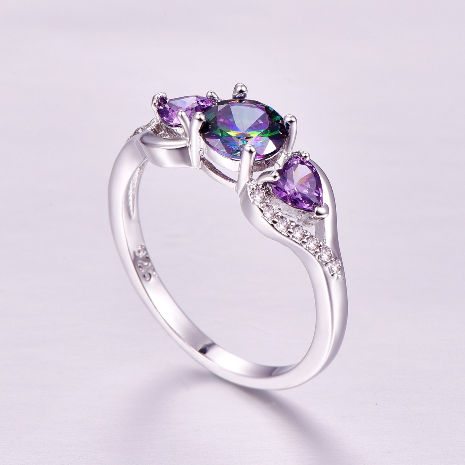 Veunora Silver Plated Created Rainbow Topaz Cubic Zirconia Filled Love Heart Ring Band for Women Size 7