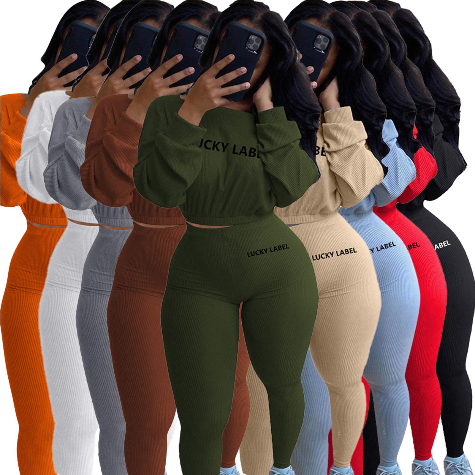 Women 2 Piece Outfits Sweatsuit Set Ribbed Long Sleeve Crop Top Bodycon Pants Tracksuit Jogger Set Black L