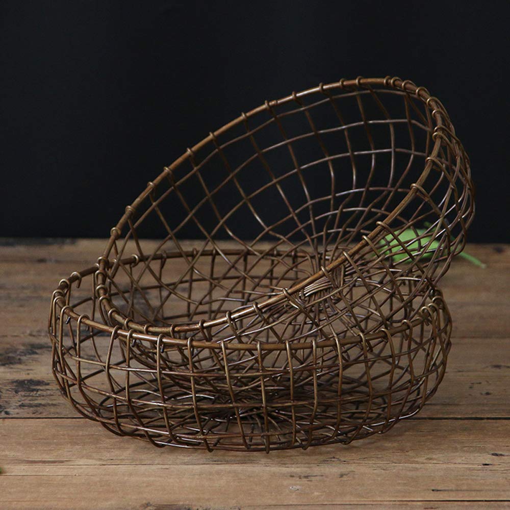Vintage Handmade Woven Wrought Iron Mesh Fruit Basket Bowl Creative Bronze Snack Plate Tray Holder Stand Round Serving Storage Container (Medium(1pc))