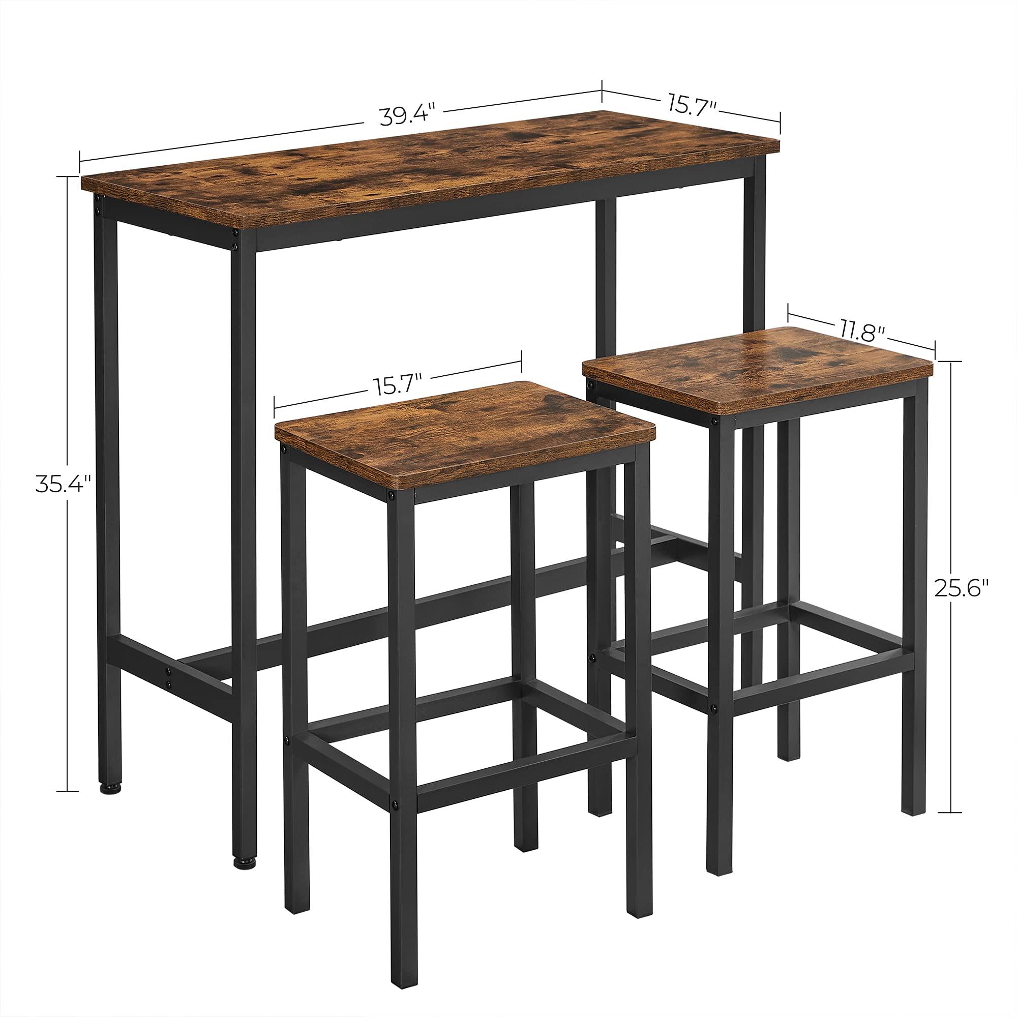VASAGLE Dining Table Set, Bar Table and Chairs Set, Rustic Brown and Black ULBT218B01 & 47 Inches Dining Room Table for 4, 47.2 x 29.5 x 29.5 Inches, Brown