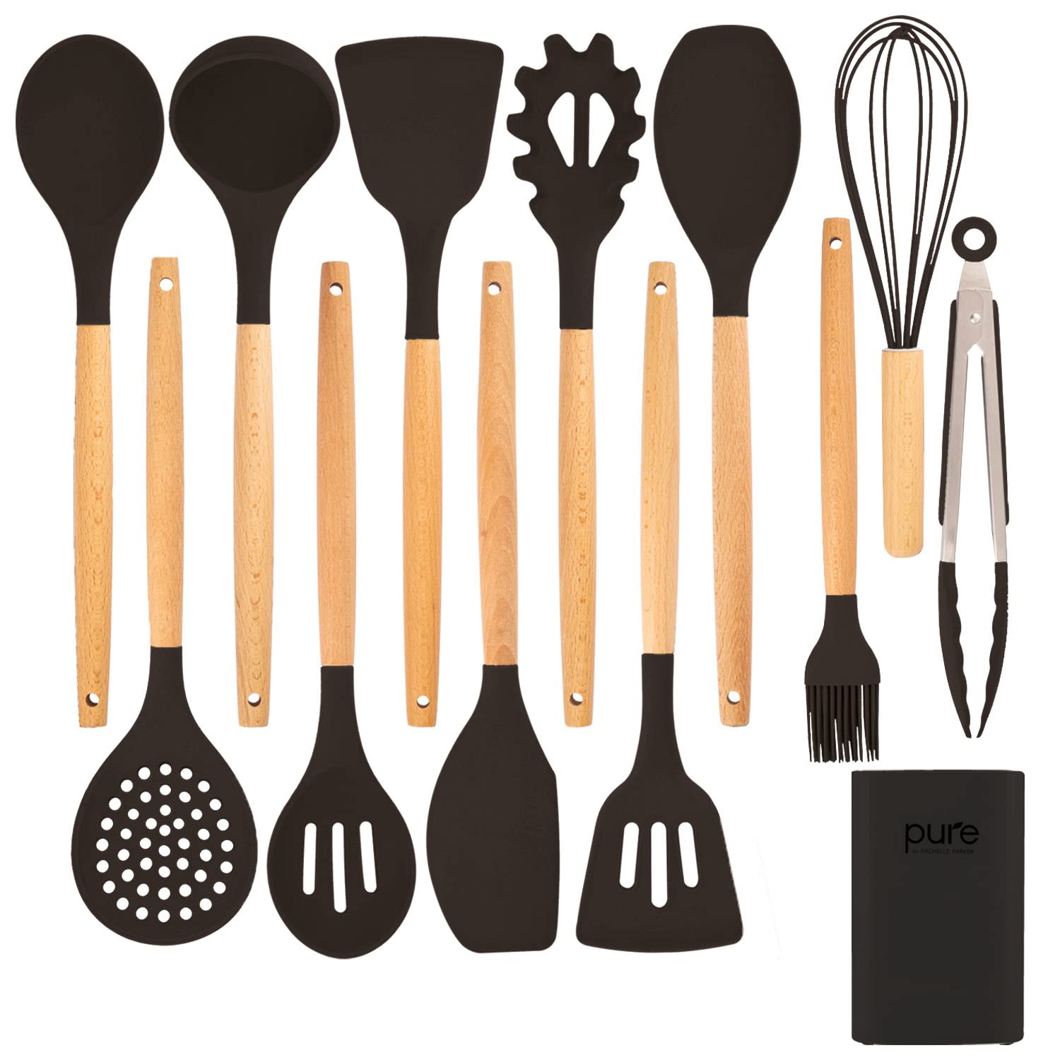 Silicone Cooking Kitchen Utensils Set with Holder. 13 Pc Black Cooking Utensils Set - Heat-Resistant Wooden Handles. BPA free Silicone. Non-stick Cookware
