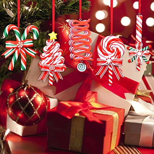 TREWAVE 10 Pieces Christmas Tree Lollipop Hanging Ornaments Set with Ribbon, Xmas Candy Cane Tree Hanging Decor, Christmas Season Home Hanging Decorations and Pendants