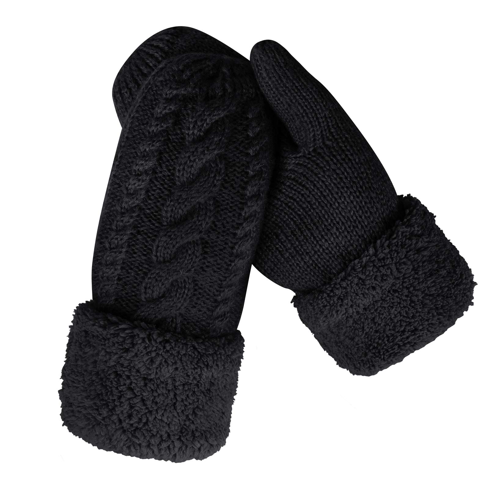 YSense Women's Winter Mittens Warm Wool Knit Thick Christmas Gifts Stocking Stuffers Wear Gloves, Black, Large