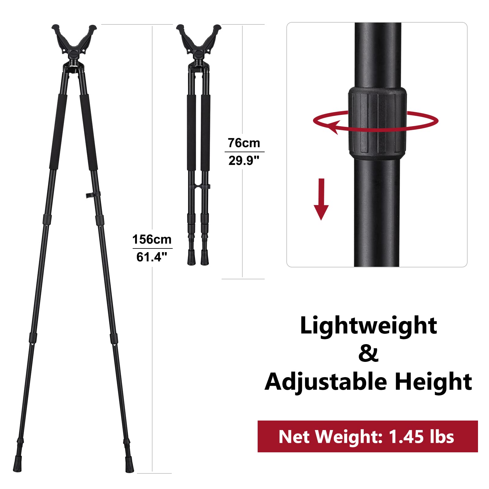 Trakiom Bipod Shooting Sticks for Hunting, Shooting Bipod for Hunting, Adjustable Bipod Shooting Rest, Rifle Bipod with 360° Rubber V Yoke Rest, Twist Lock, Lightweight Aluminum Frame and Spike Feet
