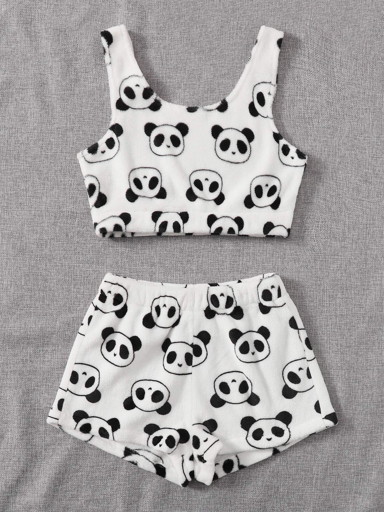 SweatyRocks Women's Fuzzy Pajamas Set Crop Tank Top with Shorts Loungewear Panda White S