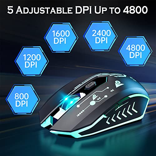 UHURU WM-02Z Wireless Gaming Mouse, 2.4G Wireless Rechargeable Mouse with 6 Programmable Buttons, 5 Adjustable Levels DPI Up to 4800DPI, 7 Colorful LED Lights, Compatible with Notebook, PC, Mac