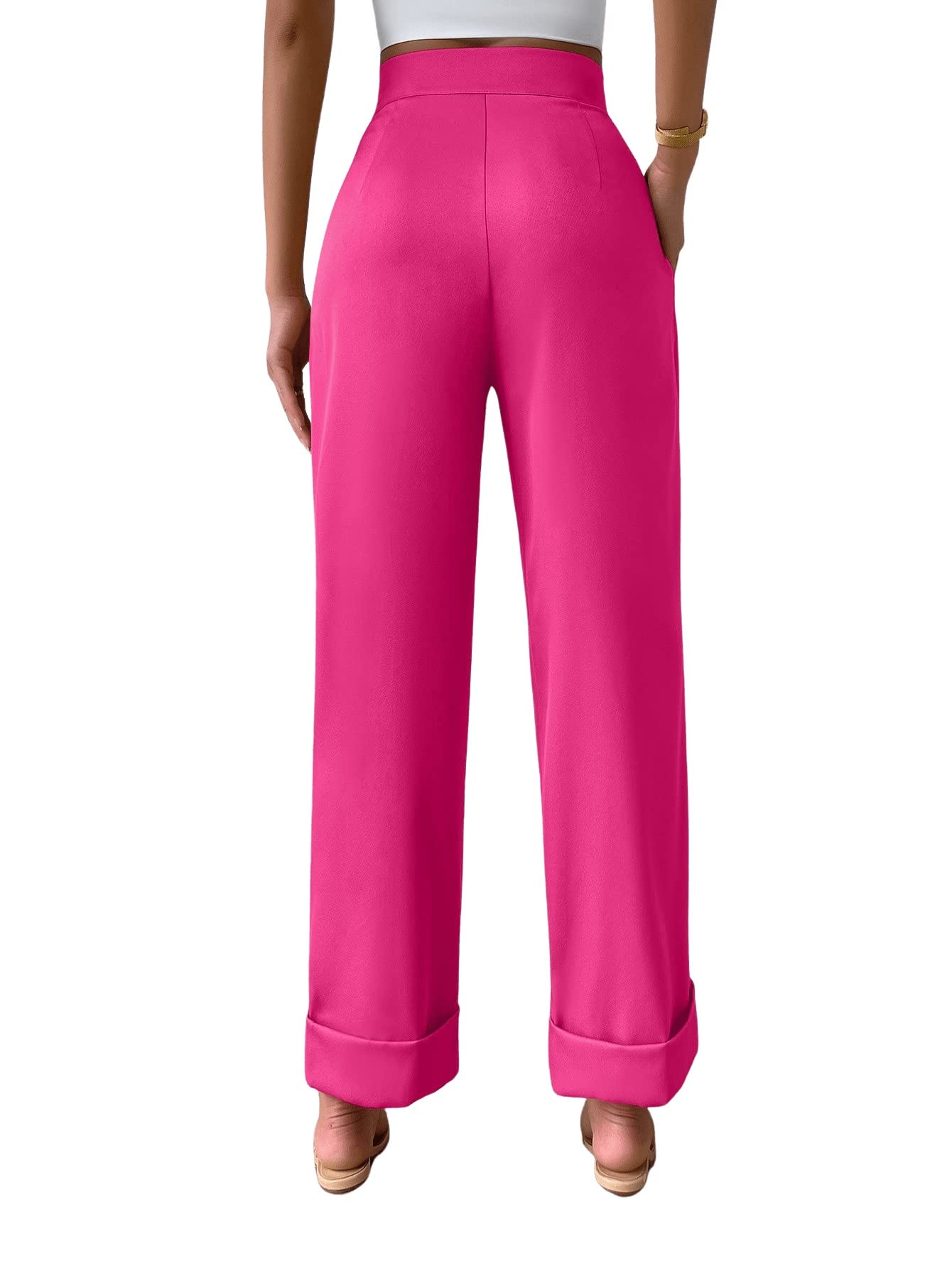 SweatyRocks Women's Elegant High Waist Roll Up Hem Pleated Wide Leg Pants with Pocket Hot Pink M
