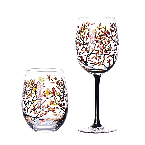 Zxsdjksd 2Pcs HOT-Autumn Tree Wine Glass - Fall Colors - Leaves of Red, Yellow, Orange - Hand Painted - Fall Leaf Easy to Use