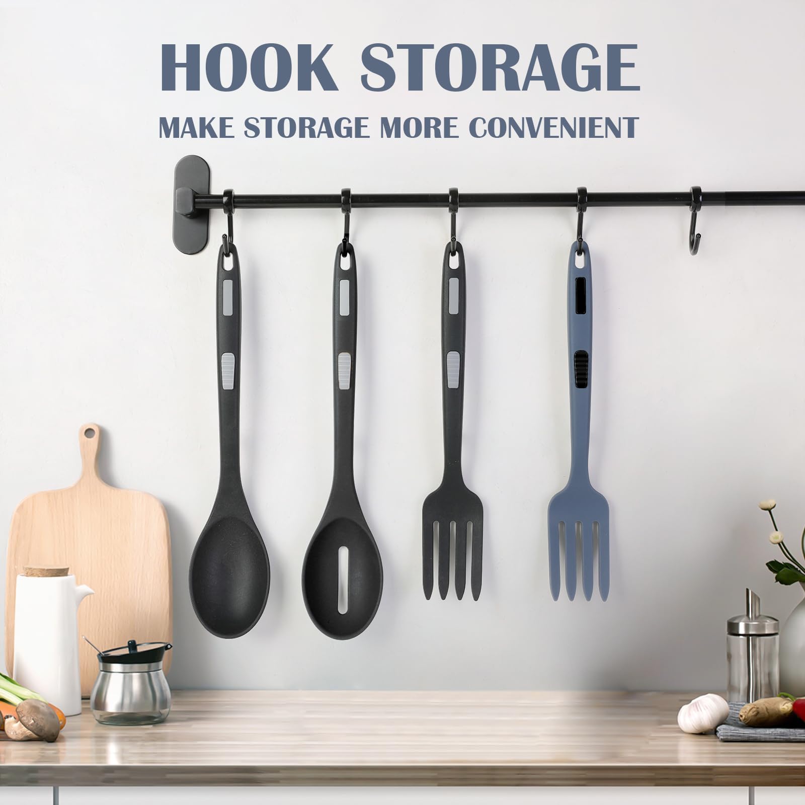 Silicone Flexible Forks for cooking,Black Slotted Spoon 500℉ Heat Resistant,Silicone spoon kitchen spatula set,for noodles,pasta and salad 4-Pcs BAP Free Dishwasher safe