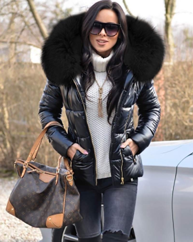 tiptupu Women's Winter Thicken Coat Lightweight Short Down Jacket Quilted Parka with Fur Hood (as1, alpha, m, regular, regular, Black Black)