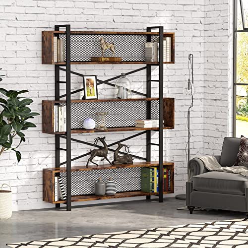 Tribesigns 5-Shelf Bookshelf with Metal Wire, Modern Industrial Bookcase Display Shelf Storage Organizer with Metal Frame for Home Office, 47.2 L x 9.4 D x 71 H (Retro Brown)