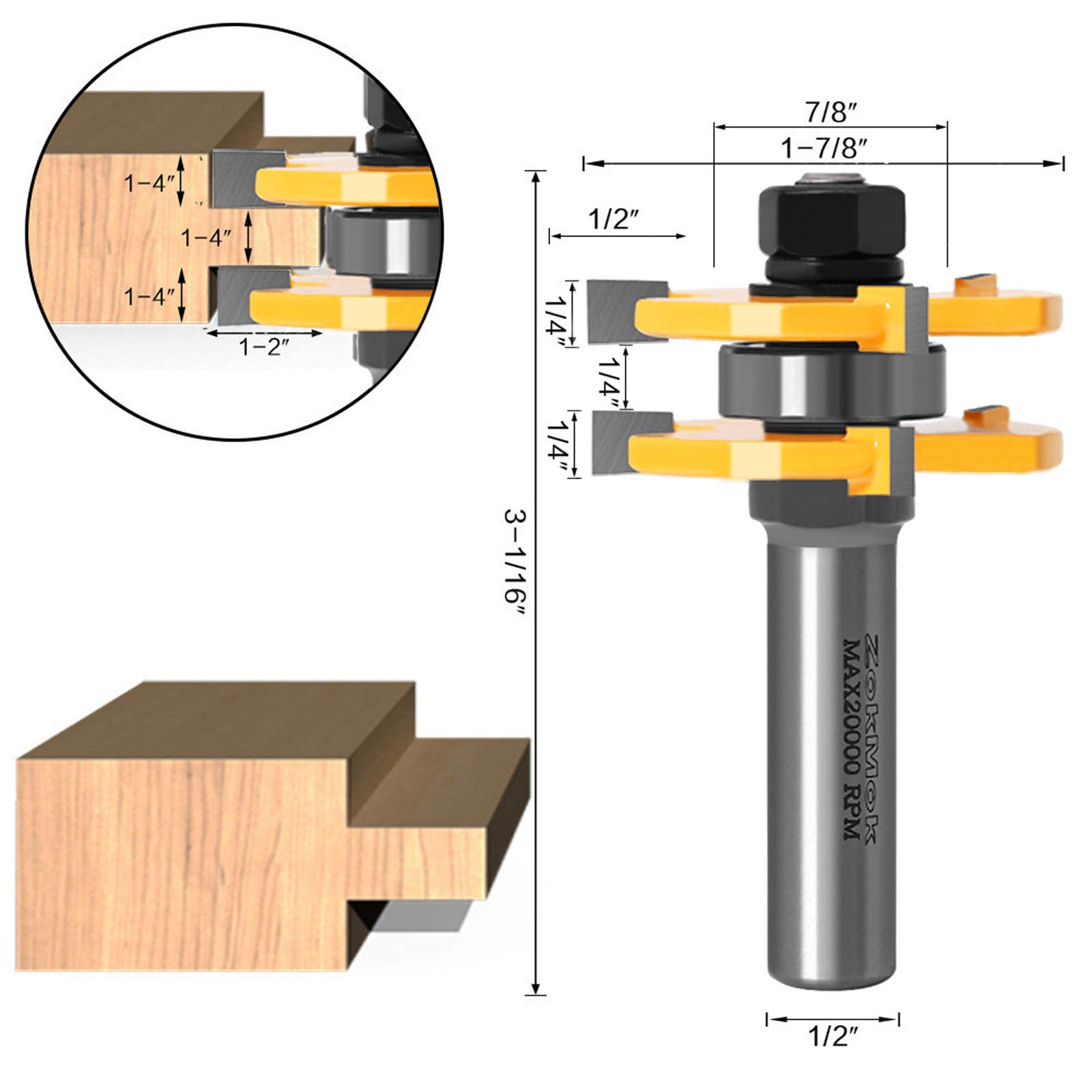 Tongue and Groove Router Bits Set, ZOKMOK Plus 3 Teeth Adjustable T Shape Router Bits Set, 1/2'' Shank, 1/4'' Cutter