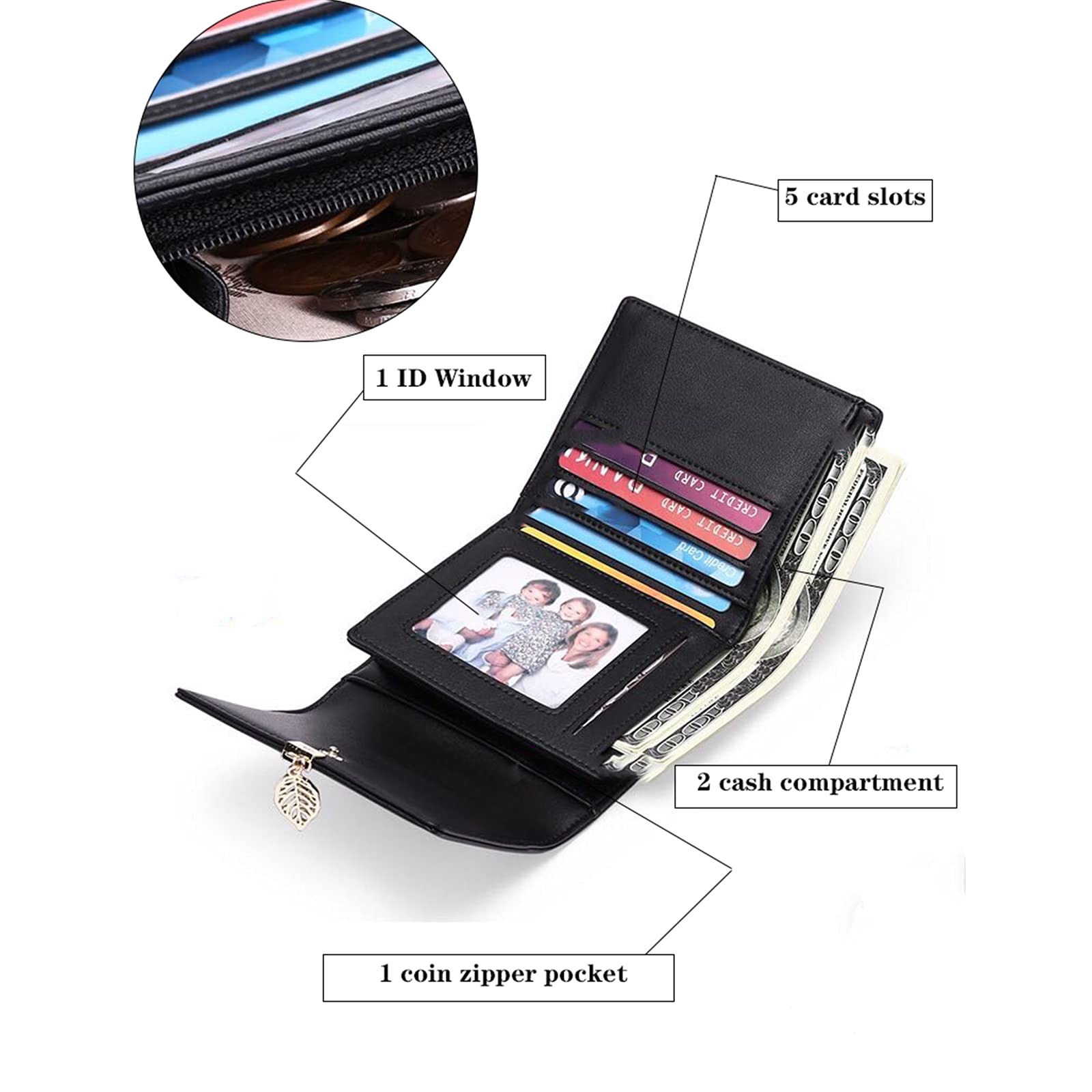Wallet for Women RFID Blocking Credit Card Holder Phone Checkbook Storage Bag Zipper Coin Purse Leaf Pendant (Black, Small), Sd168
