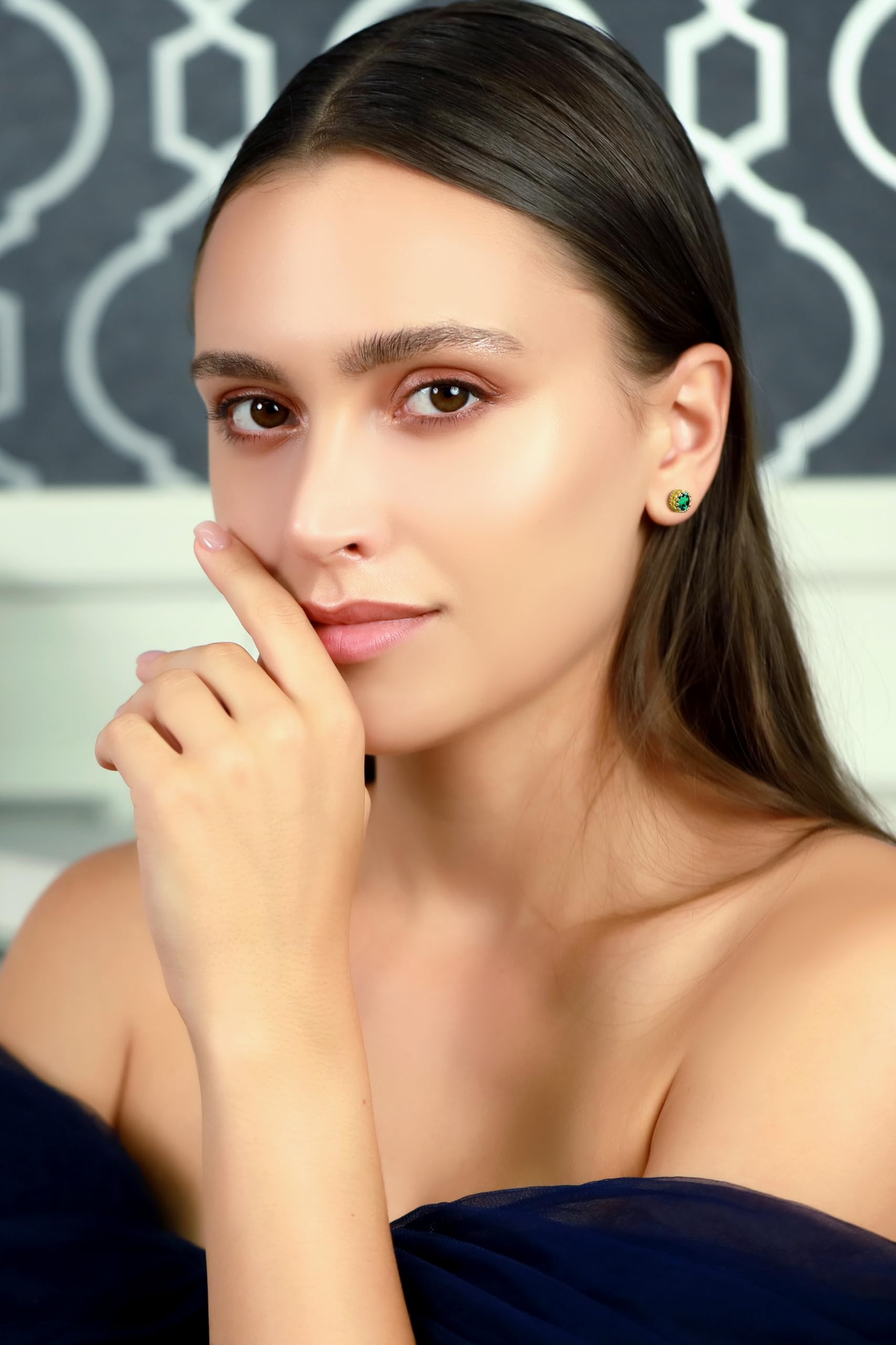 Yellow Gold Flashed Sterling Silver Simulated Emerald Crown Stud Earrings