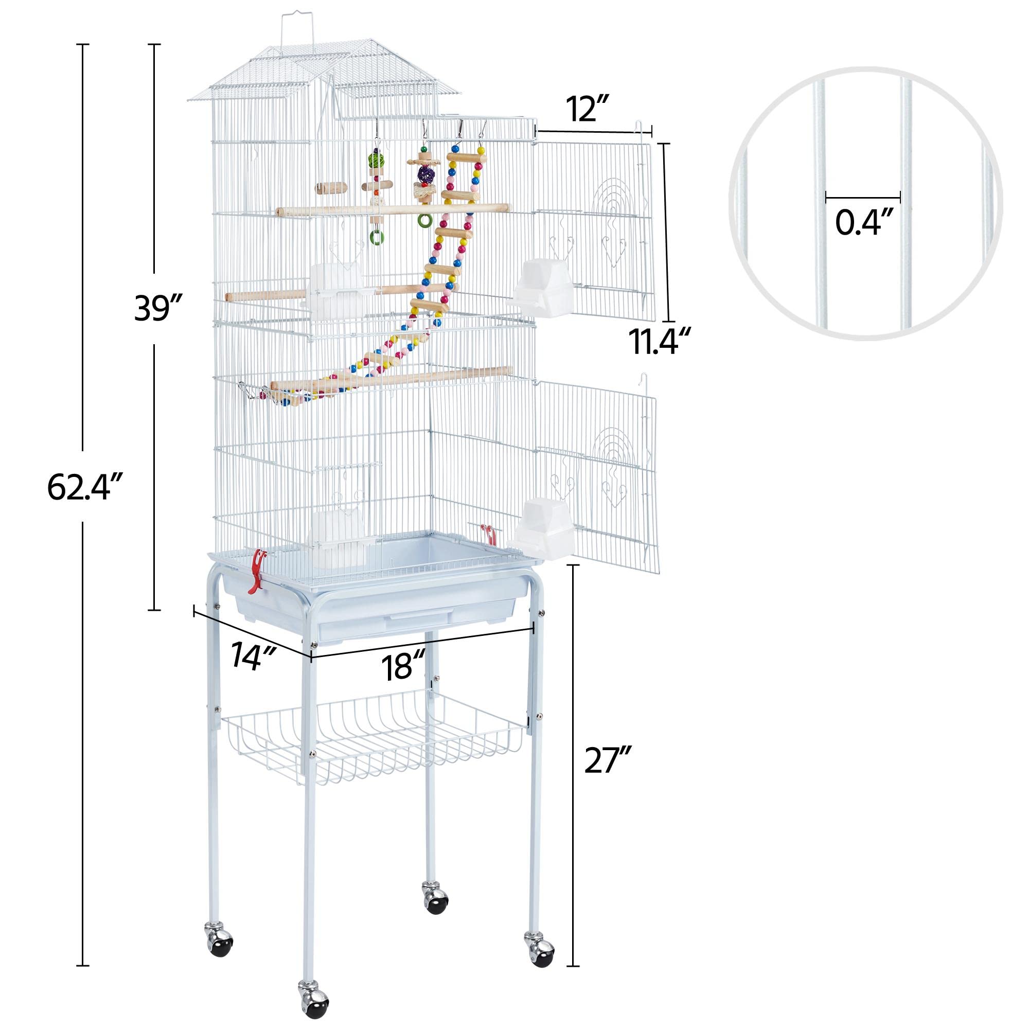 Yaheetech 62.4-inch Roof Top Flight Bird Cage for Parakeets Cockatiels Conures Finches Lovebirds Canaries Budgies Small Parrots, Large Birdcage with Detachable Rolling Stand, White