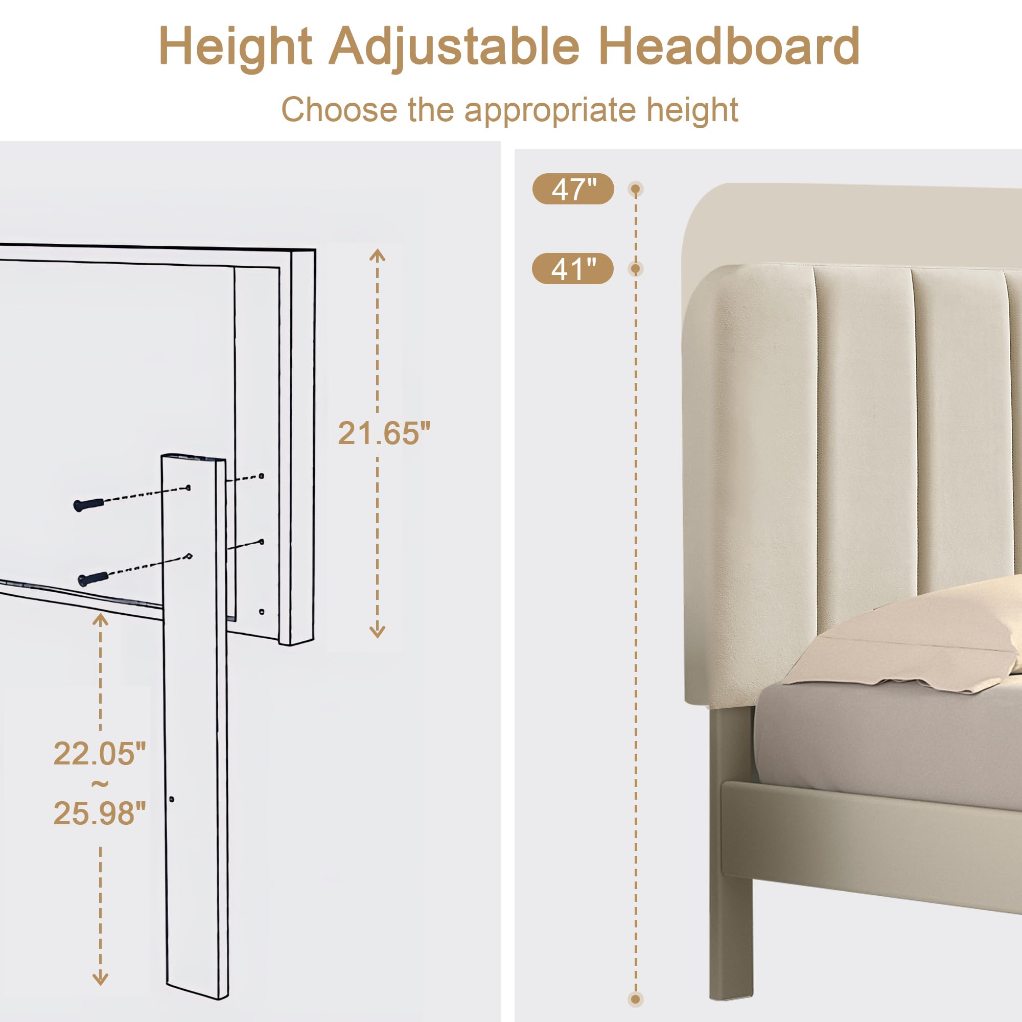 VECELO Queen Size Upholstered Bed Frame with Adjustable Headboard, Velvet Platform Bedframe Mattress Foundation, Strong Wood Slat Support, No Box Spring Needed, Beige