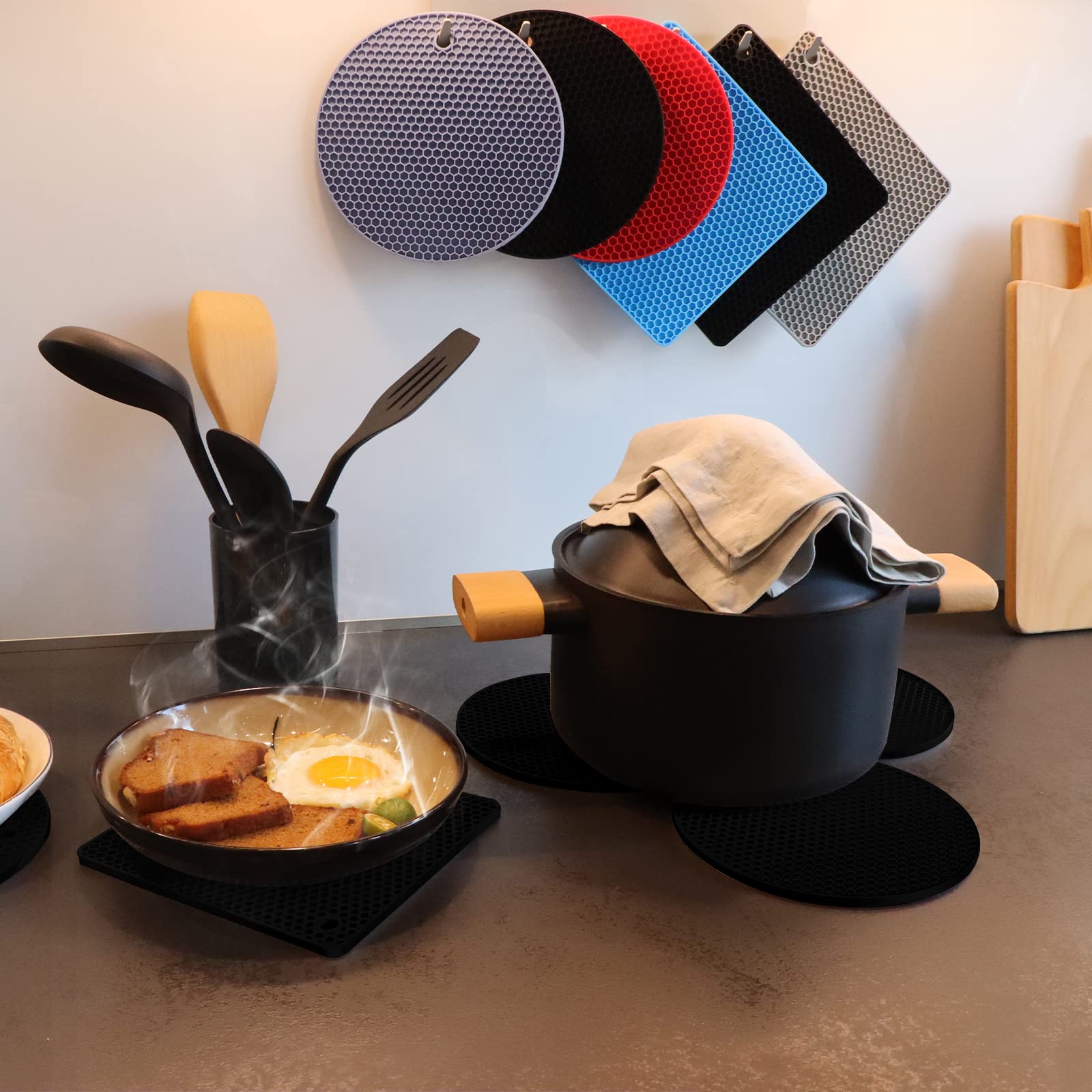 Silicone Trivets for Hot Dishes - 4 Heat Resistant Mats for Countertops, Multipurpose Non-Slip Hot Pads for Kitchen Potholders, Jar Opener, Spoon Holde, Food Grade Silicone(Black)