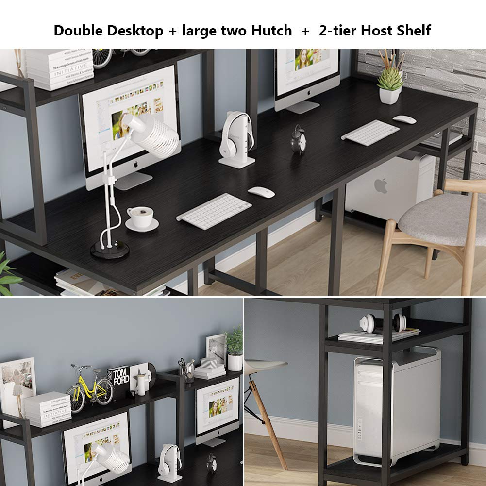 Tribesigns 94.5 inches Computer Desk with Hutch, Extra Long Two Person Desk with Storage Shelves, Double Workstation Office Desk Table Study Writing Desk for Home Office,Black