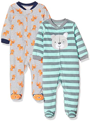 Simple Joys by Carter's Baby Boys 2-Pack Fleece Footed Sleep and Play, Grey Tiger/Mint Green Dog, Newborn