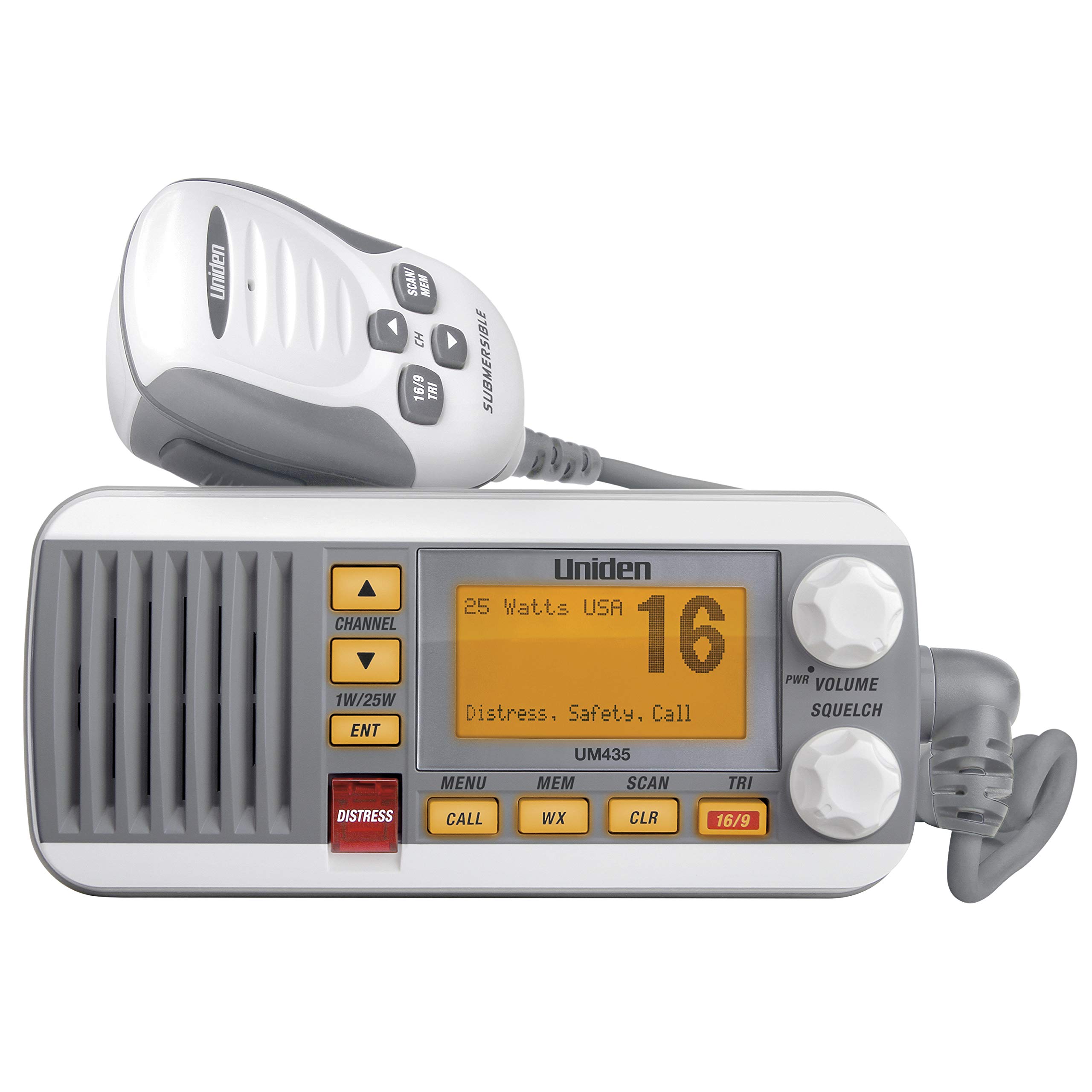 Uniden UM435 Advanced Fixed Mount VHF Marine Radio, All USA/International/Canadian Marine Channels Including New 4-Digit, CDN âBâ Channels, 1 Watt/25 Watt Power, Waterproof IPX8 Submersible, White