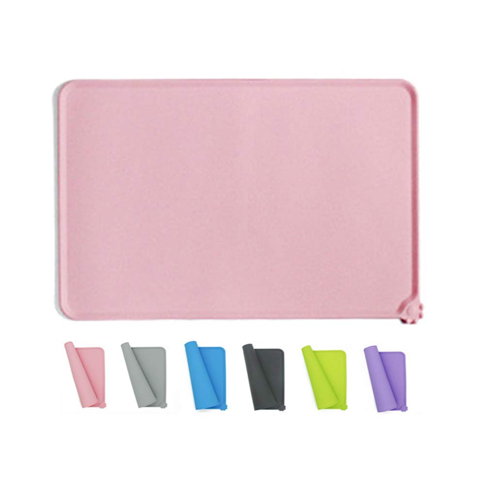 Silicone Pet Feeding Mat, Waterproof Dog Cat Bowl Mat, Raised Edges to Prevent Spills, Easy Clean Nonslip Dogs and Cats Placemat Tray to Stop Food and Water Bowl Messes on Floor (Pink)