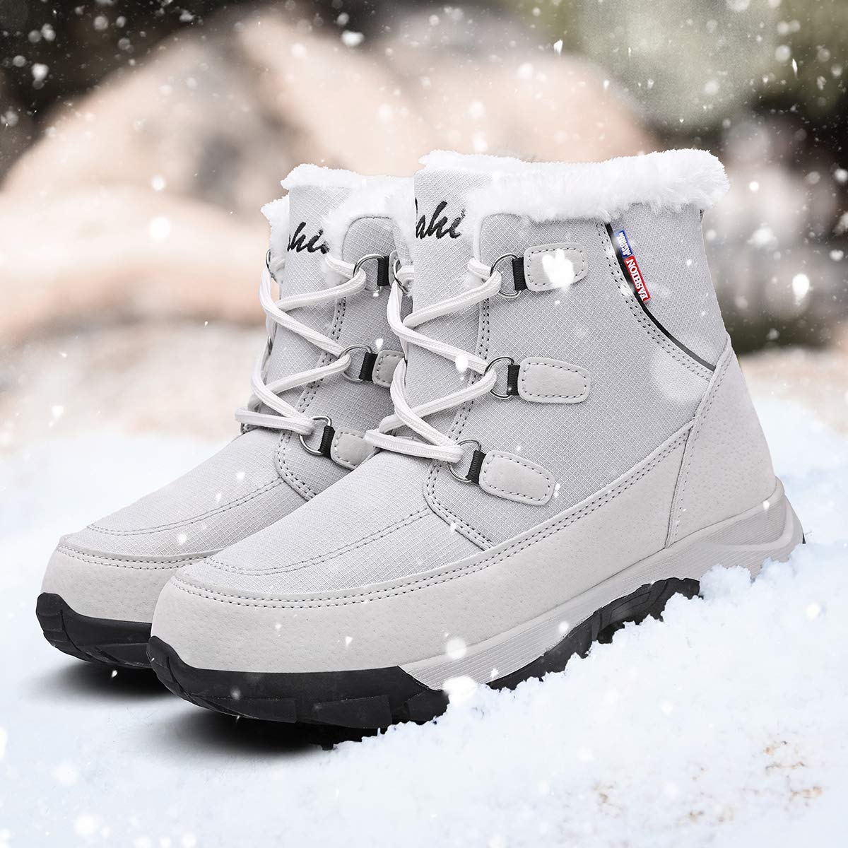 Womens Mid-Calf Snow Boot Women's Winter Warm Fur Plush Lightweight Ankle Boots Lady Resistance Cold Shoes Memory Foam(Grey,6.5 Women/5.5 Men