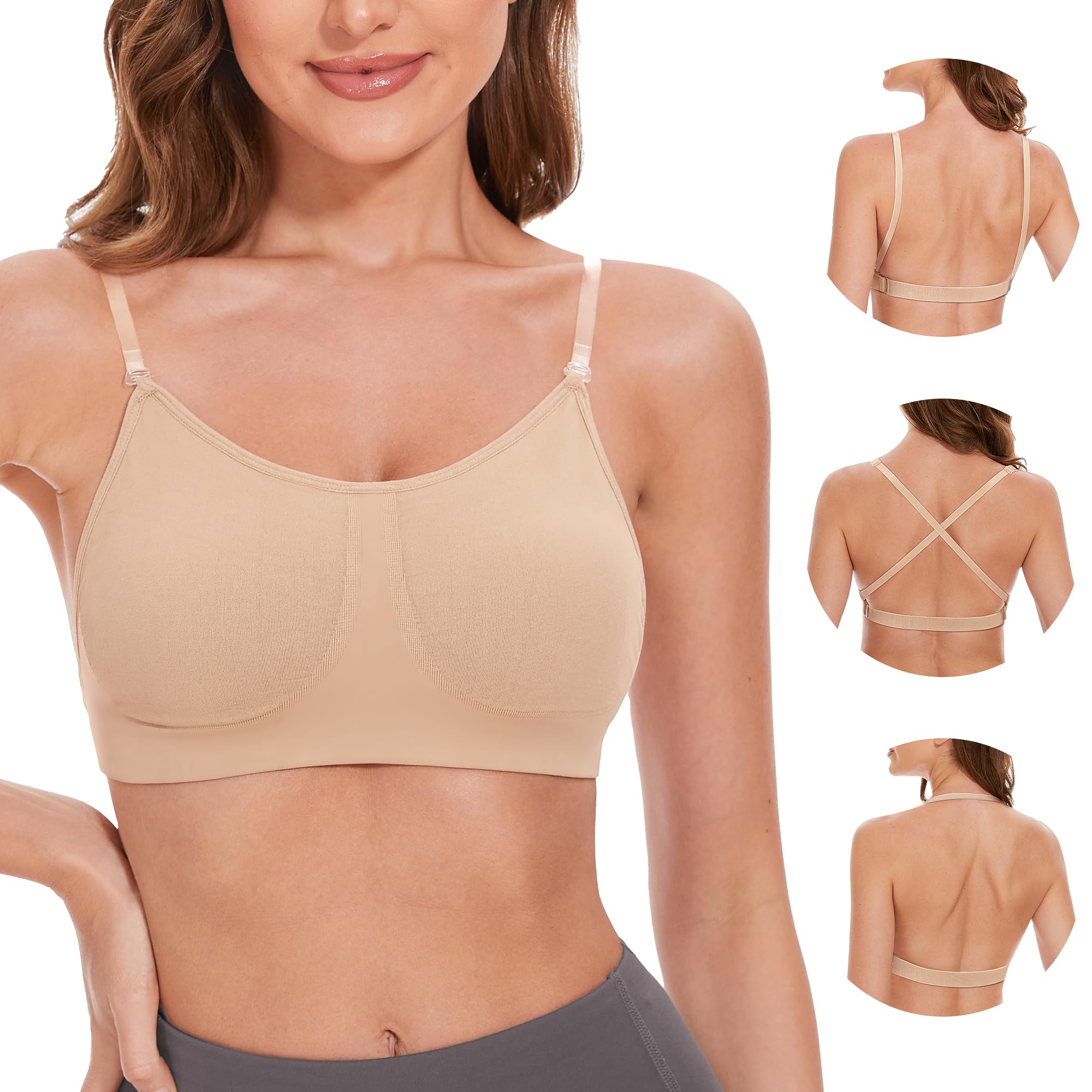 Stelle Womens Clear Strap Bra Wireless Invisible Dance Bra Backless Low Back Bra No Sponge with Convertible Straps (Nude-Old,L-Old)