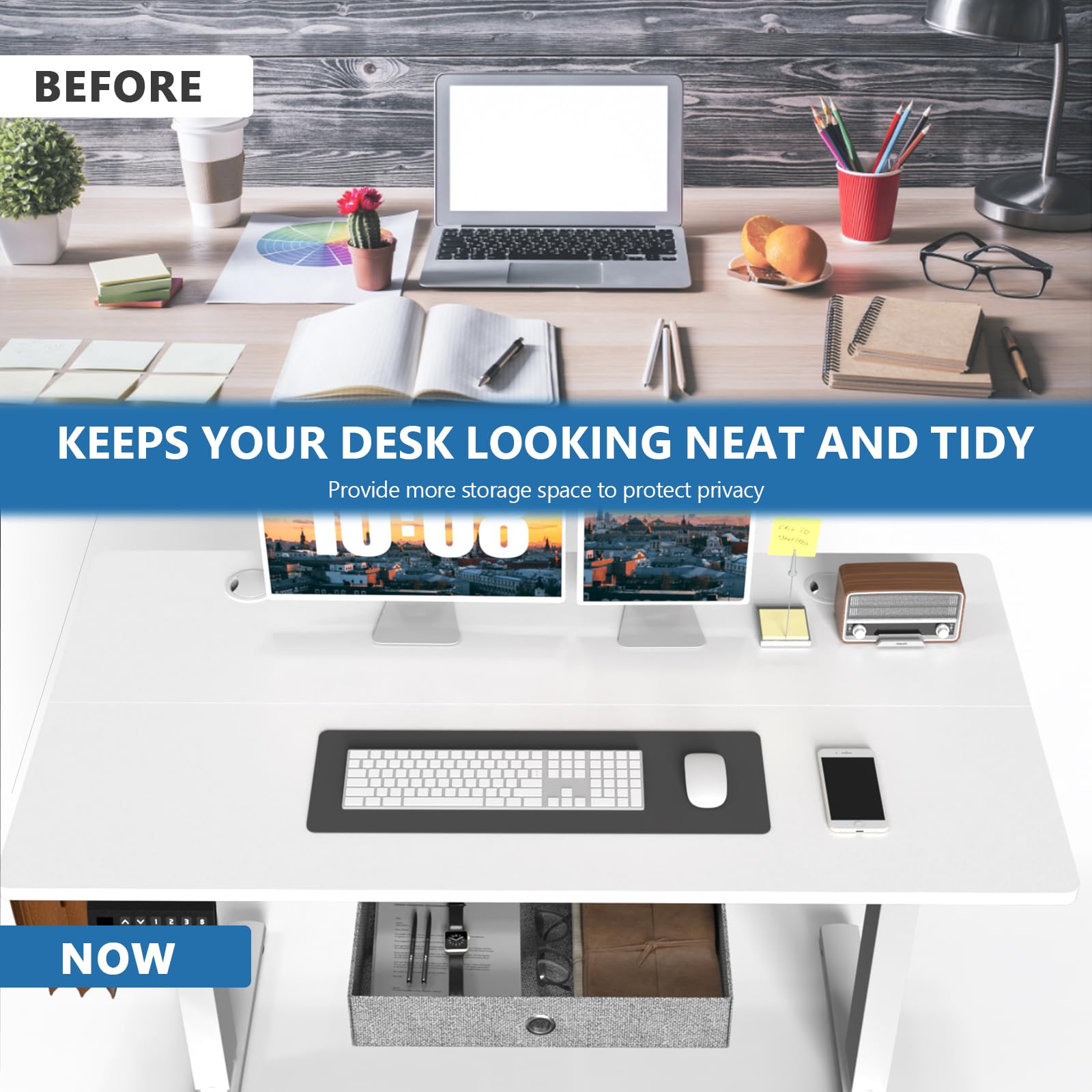 Sweetcrispy Electric Adjustable Height Desk Rising Office Computer Sit to Stand Up Table with Splice Board, 2 Hook and Wire Hole for Home Work, 48IN x 24IN, White with Single Drawer