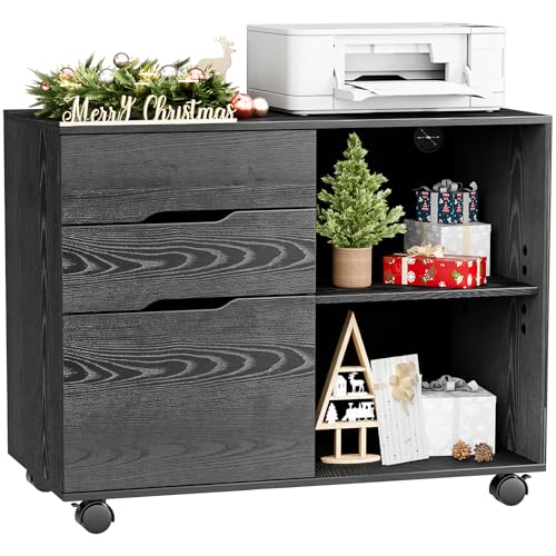 Sweetcrispy File Cabinet 3 Drawer - Storage Filing Cabinets Office Drawers Printer Stand Lateral Mobile Under Desk Organizer Black Wooden with Wheels Adjustable Shelves for Home, Room, Small Spaces