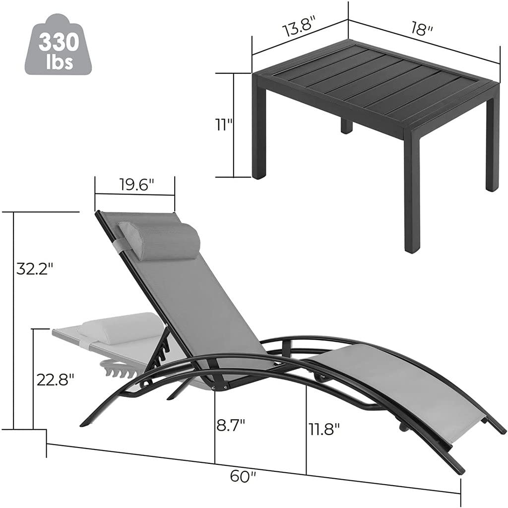 SDGH 3Pcs Sun Lounger Recliner Set Aluminum Chaise Lounges,Reclining Chair with 5 Adjustable Backrest, Head Cushion, Table for Garden