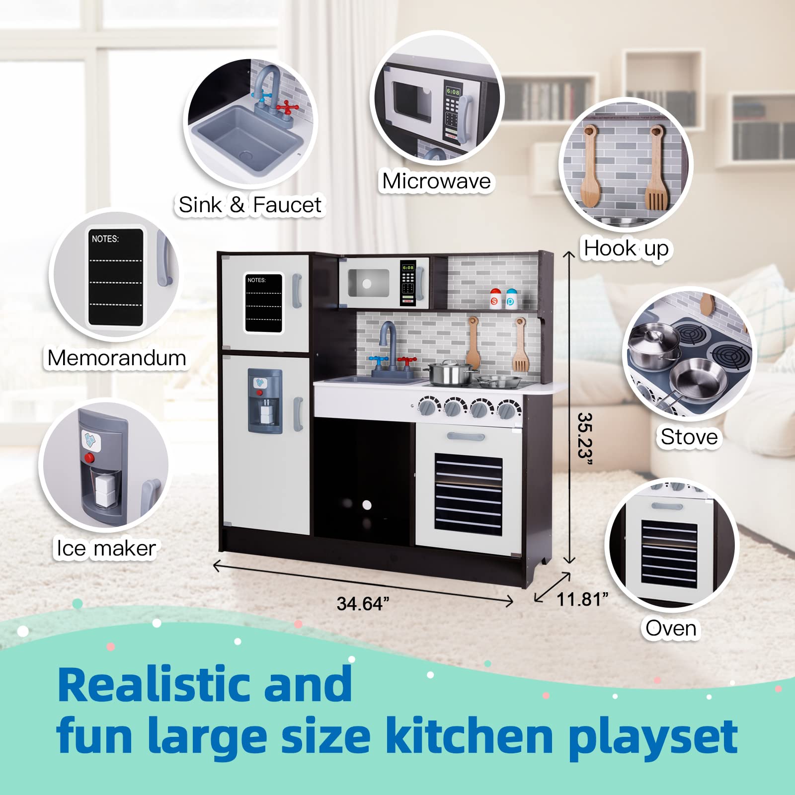 TOOKYLAND Kids Kitchen Playset, Wooden Chef Play Kitchen for Toddler with sink,oven,range Hood,stove,ice maker and microwave, Prefect Kitchen Toys for Toddlers as Gift