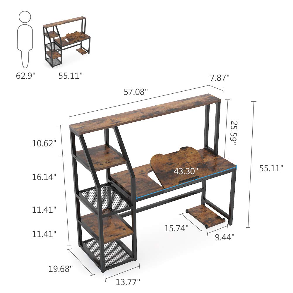 Tribesigns Computer Desk with 5-Tiers Storage Shelves, 57 inches Office Desk PC Study Writing Desk Drafting Table with Hutch & Tiltable Drawing Board for Home Office Use (Rustic Brown)