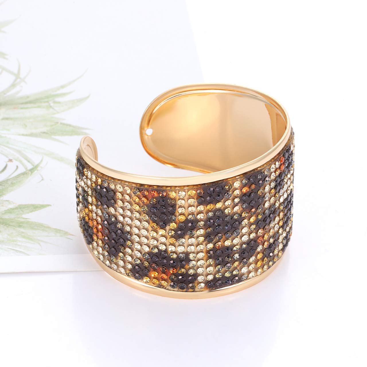 ZITULRY Diamond Rhinestone Cuff Bracelet for Women Leopard Print Gems Wide Open Bangle Bracelet (Crystal Cuff)