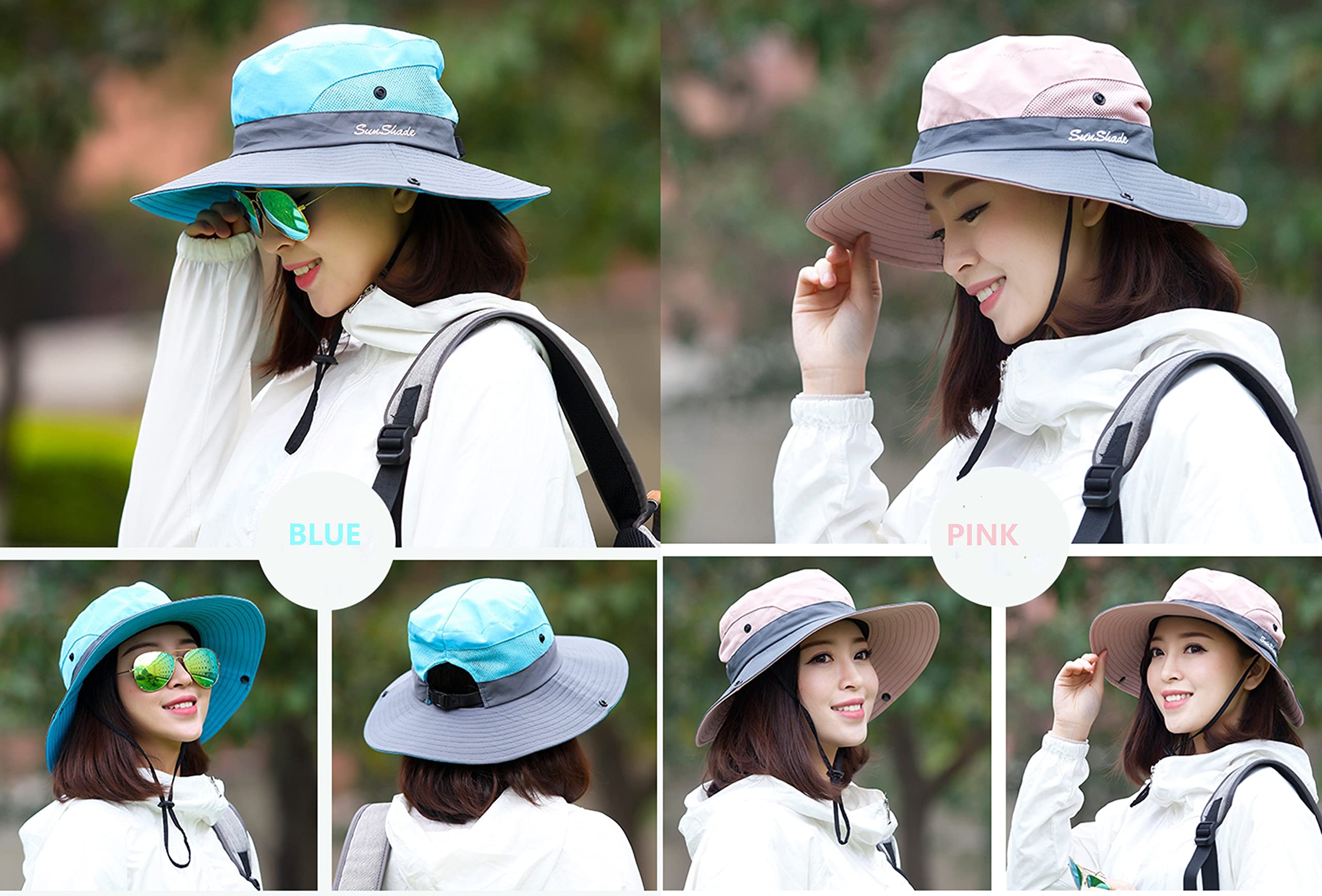 Womens Ponytail Sun Hats with UV Protection Wide Brim Mesh Ponytail Hole Bun Bucket Hat(2pcs Pink+Black