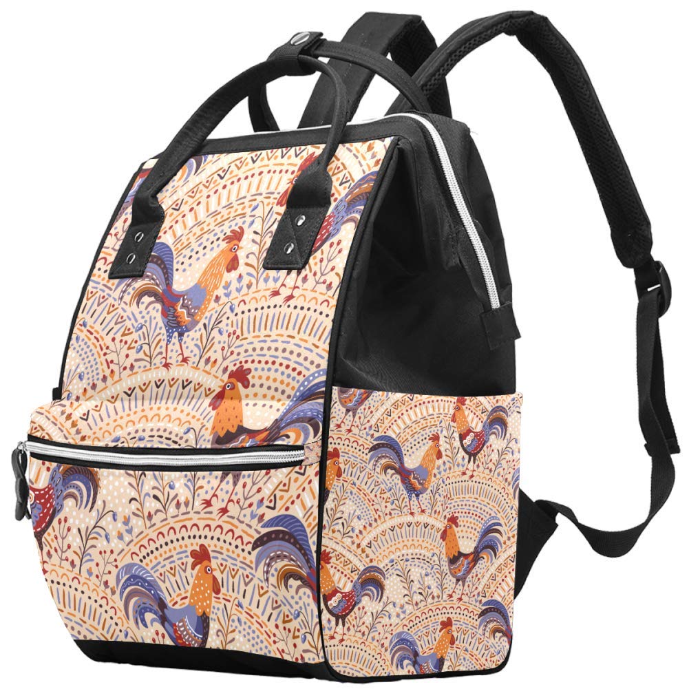 Shiiny Cute Roosters Chickens in Beige Floral Ornament Diaper Bag Backpack for Baby Care, Multi Function Waterproof and Cooler Tote Travel Backpack (Nappy Bag, Tissue Pocket)