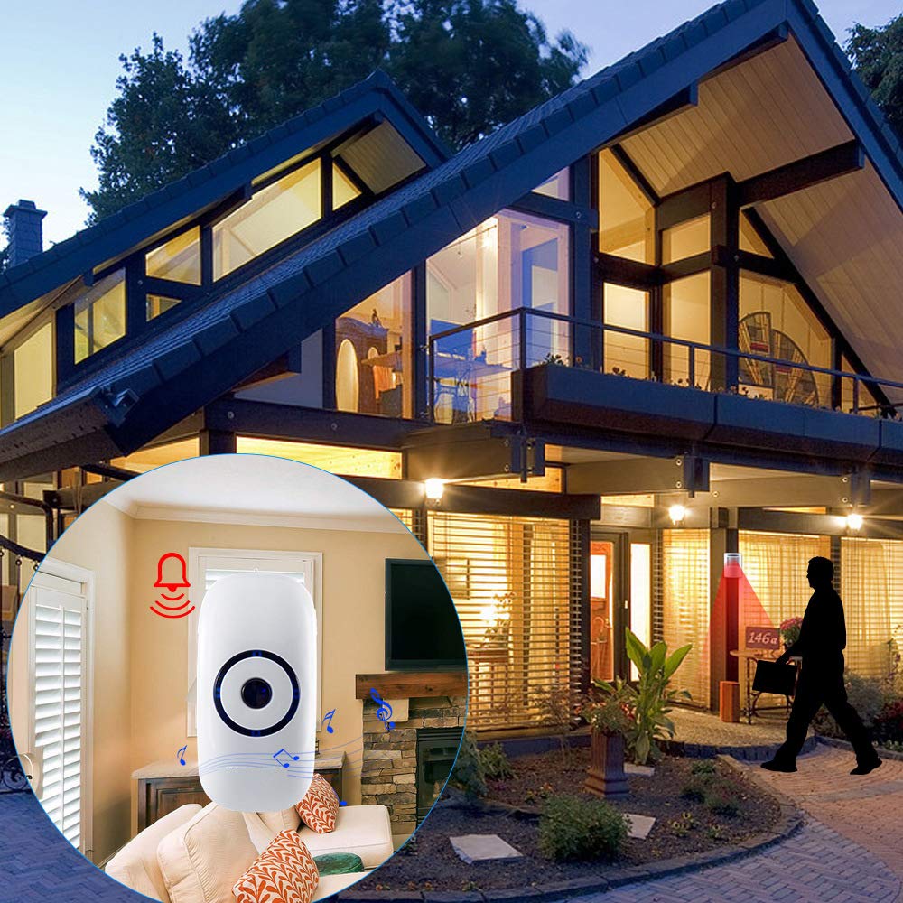 Wireless Home Security Driveway Alarm, Enegg Entry Alert, Visitor Door Bell Chime with 1 Plug-in Receiver and 1 PIR Motion Sensor Detector Alert System, Quality Sound and LED, 36 Melodies