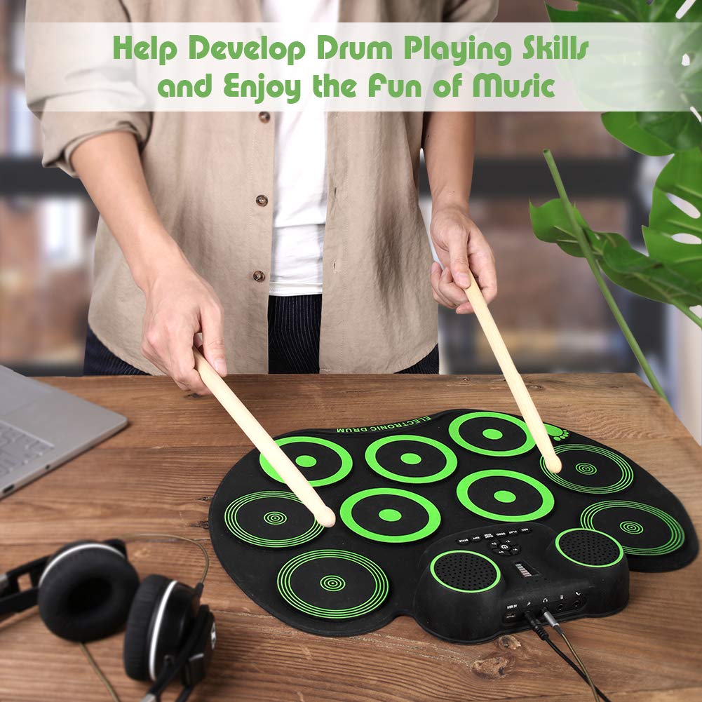 YISSVIC Electronic Drum Set Electric Drum Set 9 Drum Pads Rechargeable Battery Roll Up Drum Portable with Headphone Jack Built-in Speaker Green