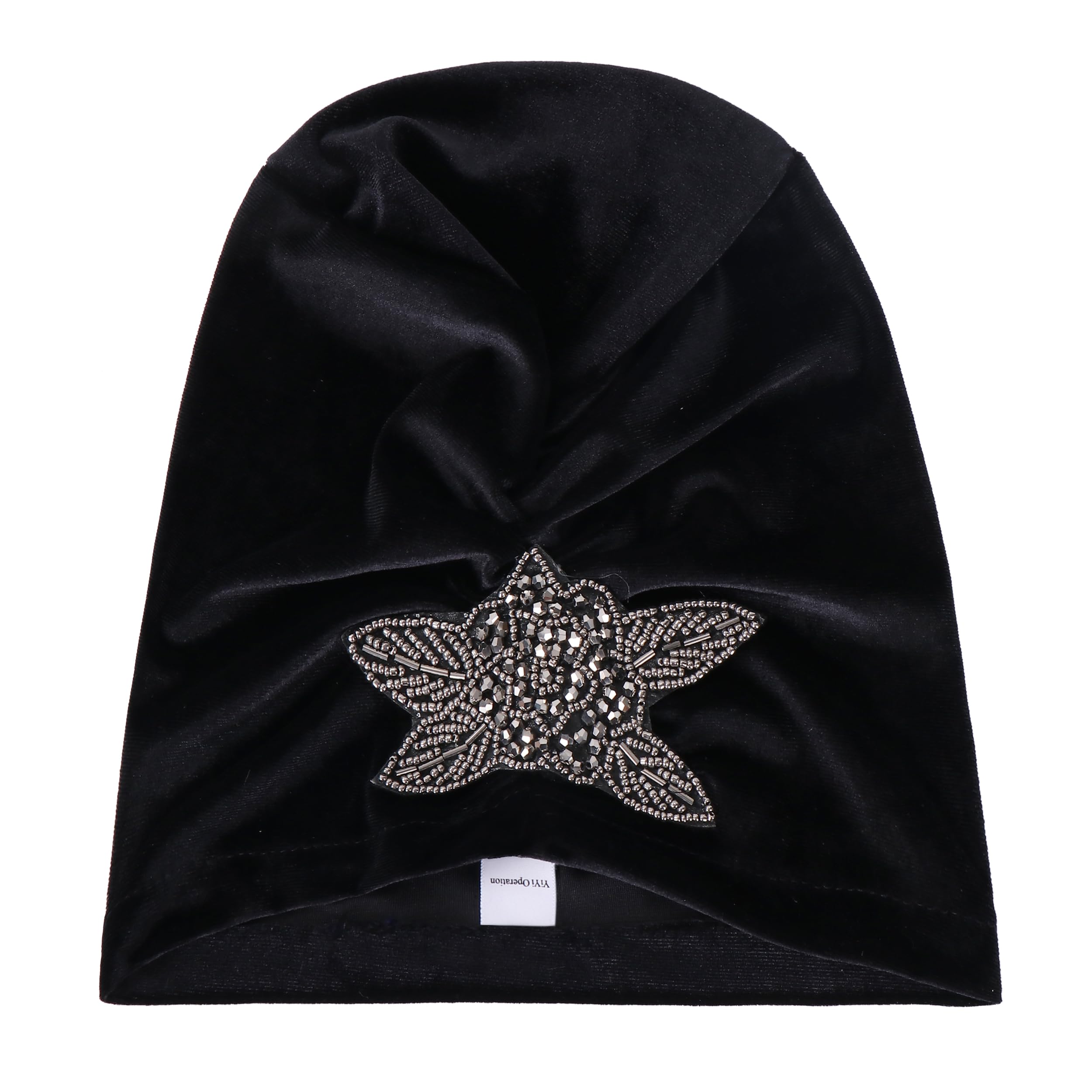 YiYi Operation Women's Stretch Velvet Turban Hat Cancer Chemo Beanie Beaded Flower Hair Wrap Cap Headwear (Black)