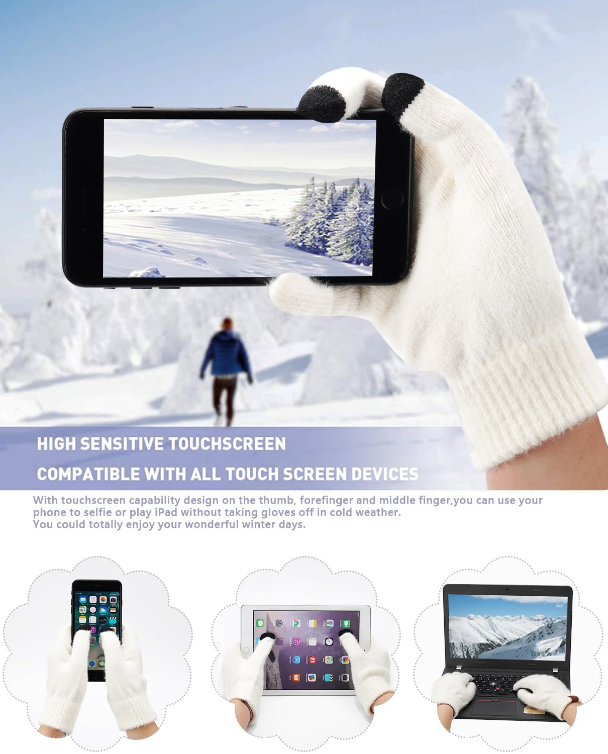 Womens Winter Warm Knit Beanie Hat Touchscreen Gloves Long Neck Scarf Set with Fleece Lined Skull Caps Gifts for Women Men White
