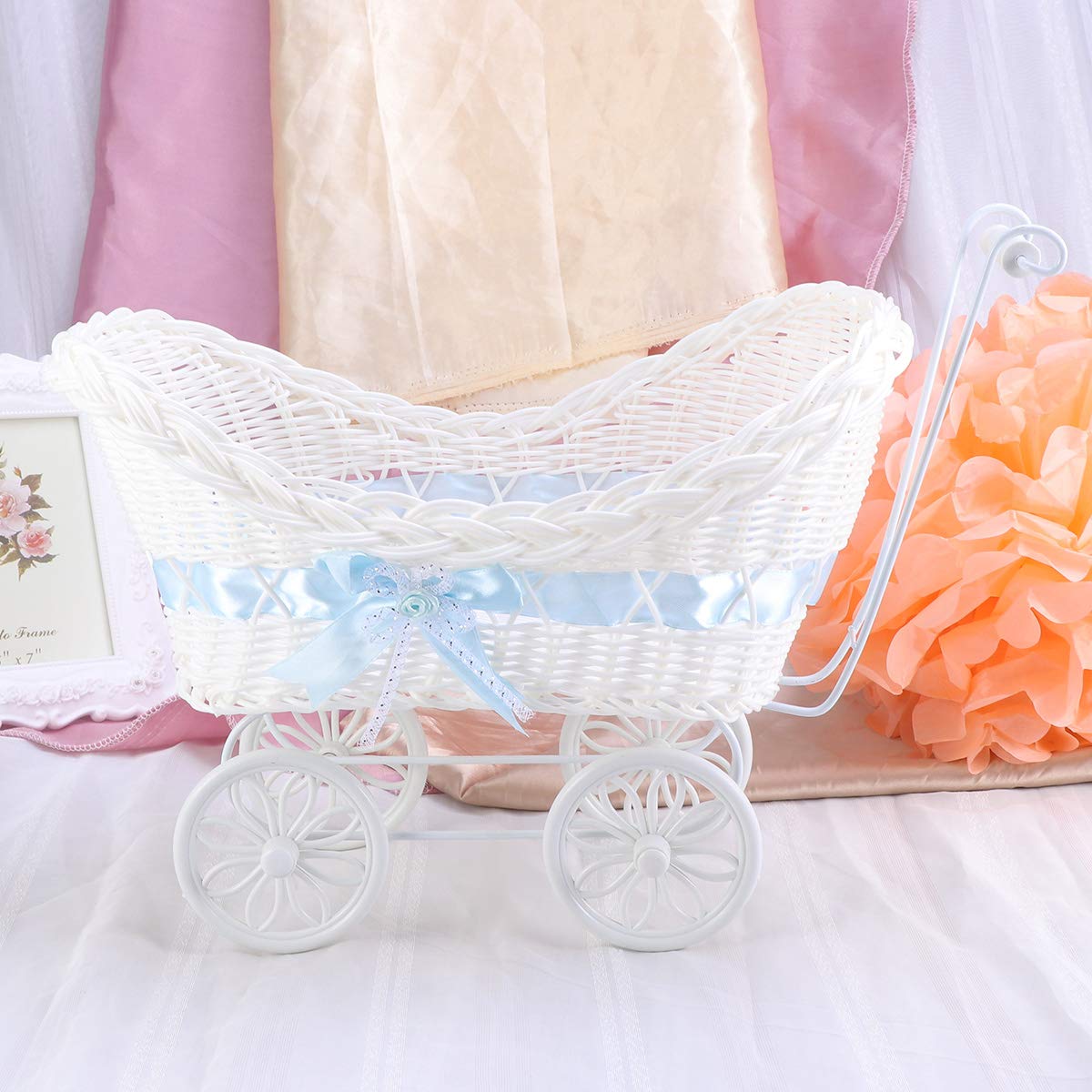 Tricycle Stroller Wicker Stroller Baby Shower Wedding Centerpiece Stroller Party Favors (Blue) Rattan Decor