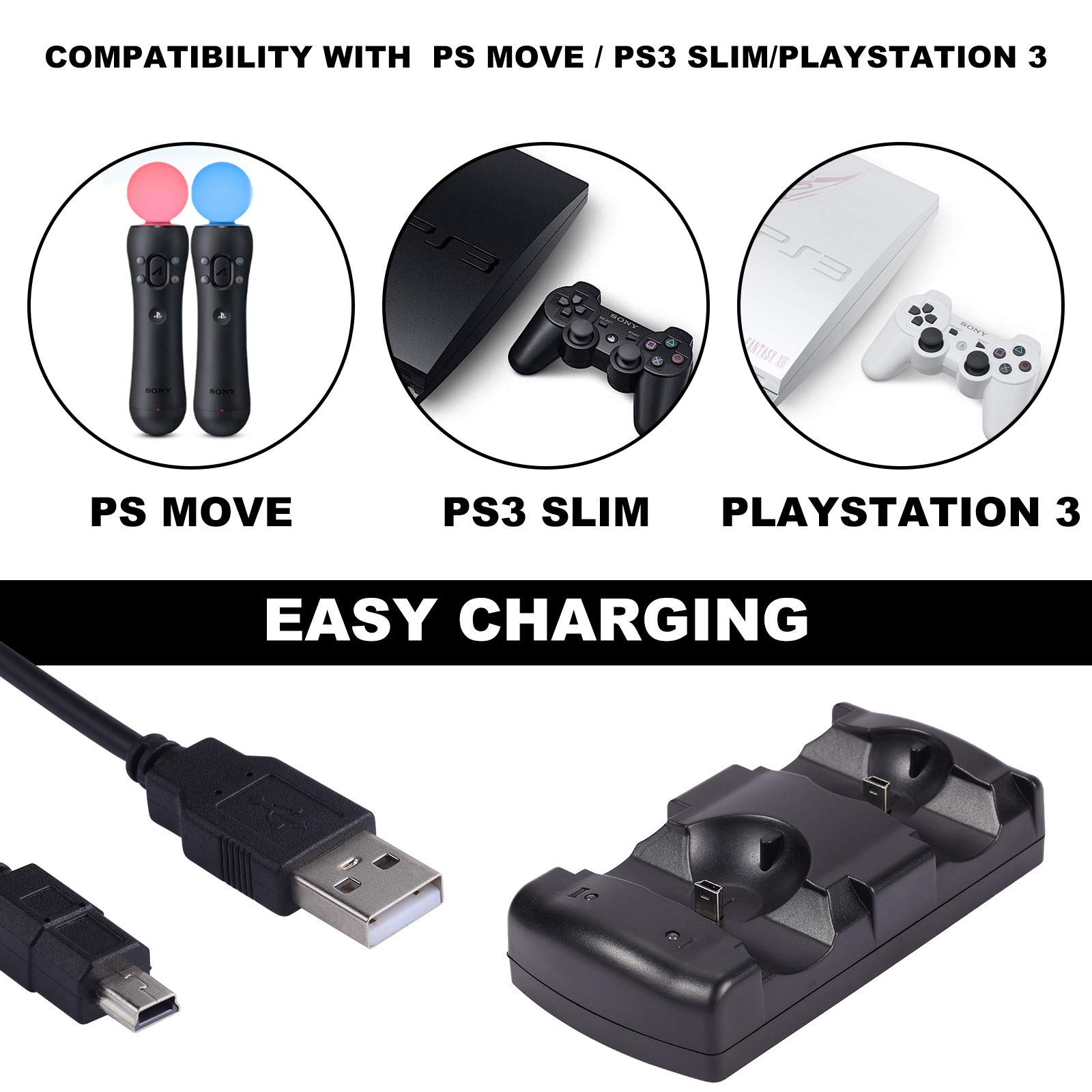 Yizerel PS3 Controller Charger with 2 Charging Cables, Playstation 3 / PS3 Slim Move Controller Charging Dock Stand Station with Dual Mini USB Charging Cables & LED Indicator (3 Packs)