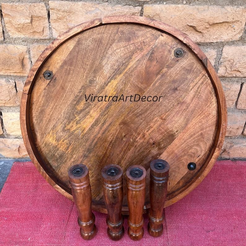 Wooden Decorative Chakki Table In Floral Pattern Carving, Handicraft Coffee Table/Side Table/End Table (45x45x20 Cm)