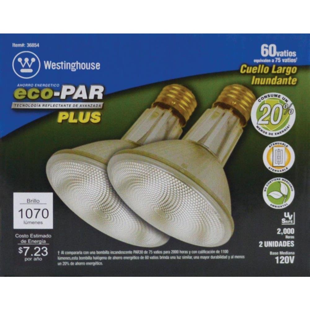 Westinghouse 3685400 60 Watt PAR20 Eco-PAR Plus Long Neck Halogen Flood Reflector Clear Light Bulb with, 2 Count (Pack of 1)