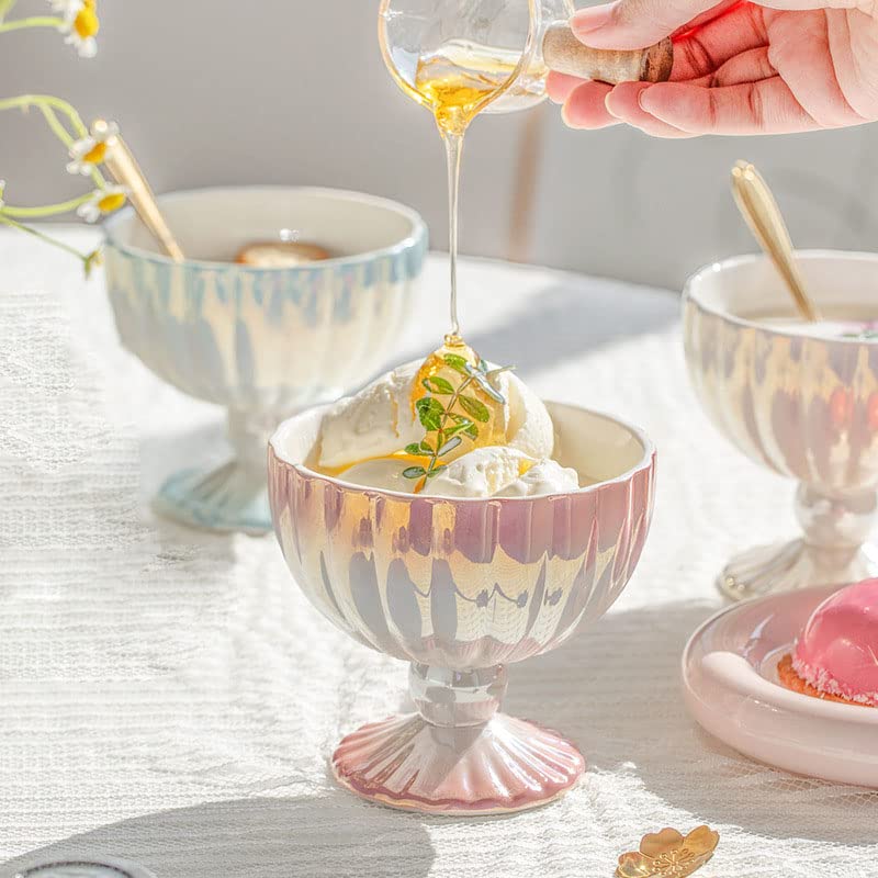 YOKIOU Ceramics Ice Cream Cups with Spoons Reusable Dessert Cups Bowls for Trifle Parfait Sundae and Nuts (Pink)