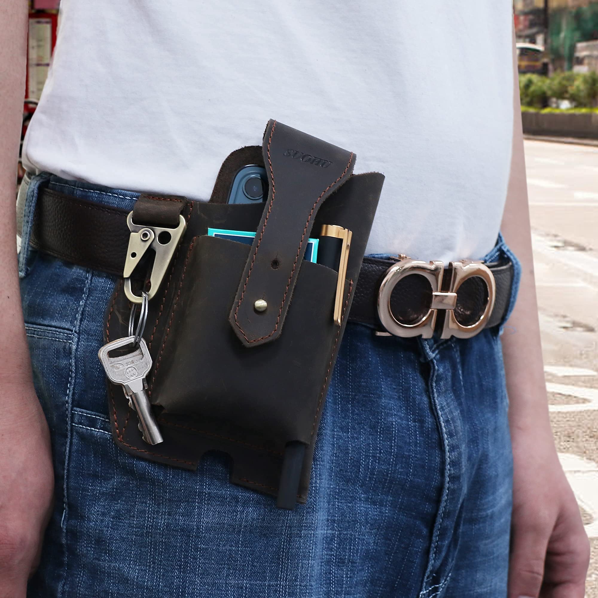 SUOHU Leather Phone Holster with Belt Clip, Flip Belt Phone Case with Magnetic Closure for iPhone 15/14/13 Pro Max, Cell Phone Belt Holder for S22 Plus, Universal Leather Phone Pouch Cases (Red Brown)
