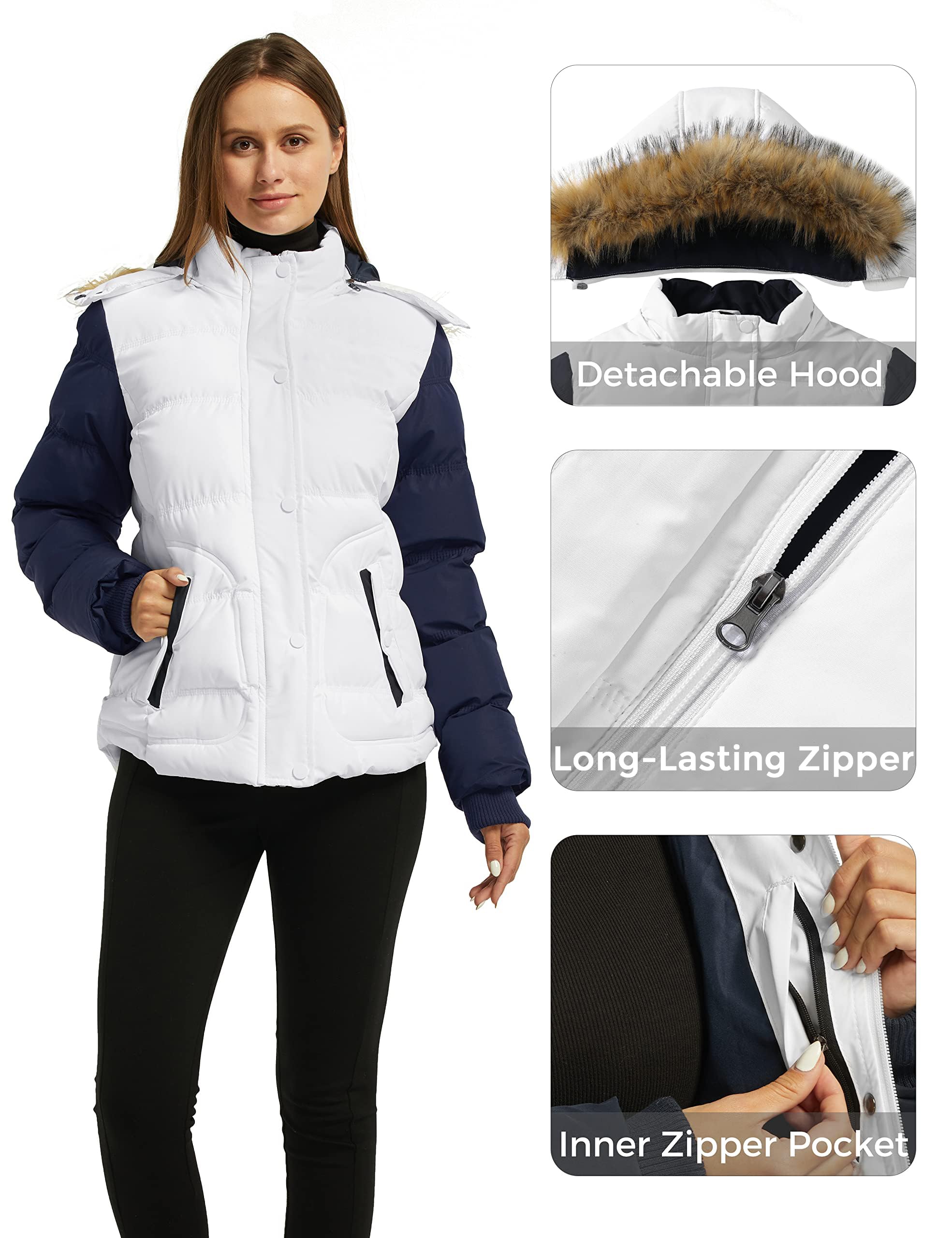 wantdo Women's Insulated Puffer Jacket Warm Heavy Insulated Coat (White & Navy, Medium)